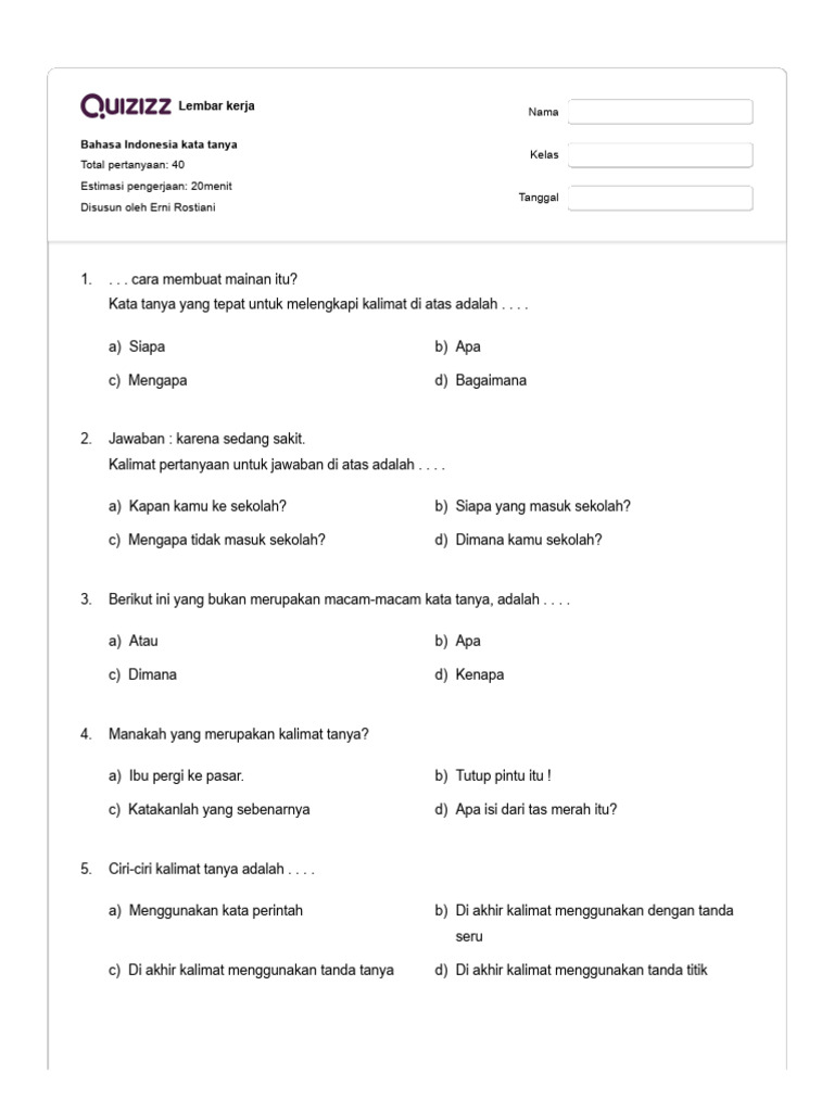 Bahasa Indonesia Kata Tanya - Quizizz | PDF