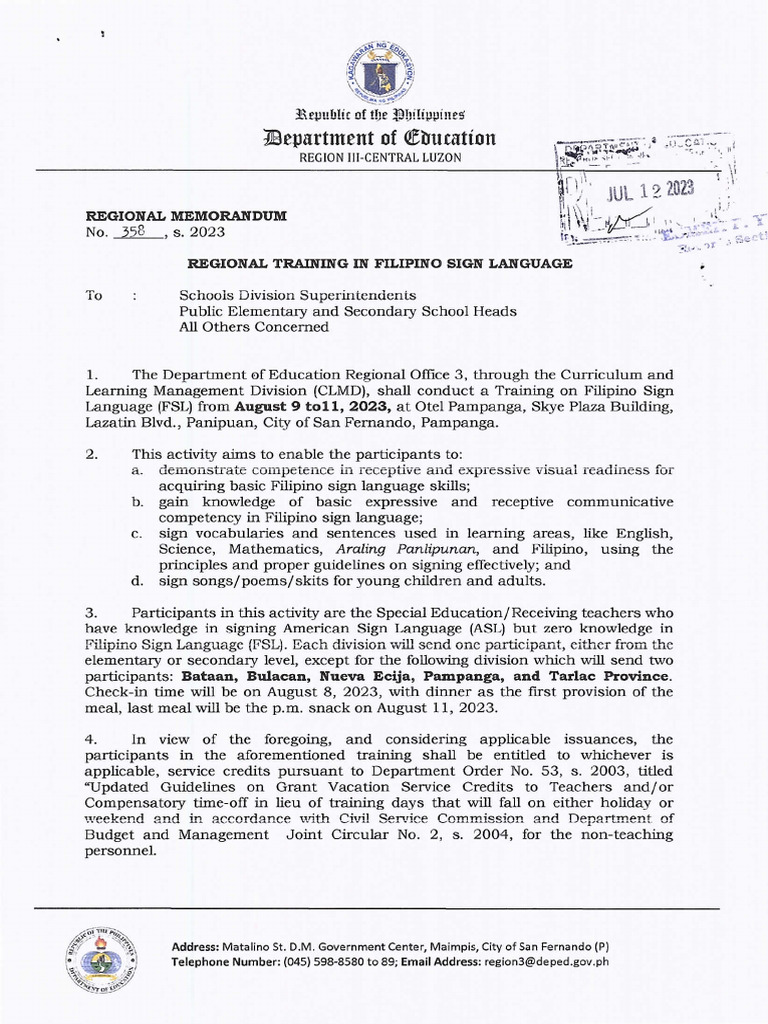 RM No. 358, S.2023 - Regional Training in Filipino Sign Language | PDF