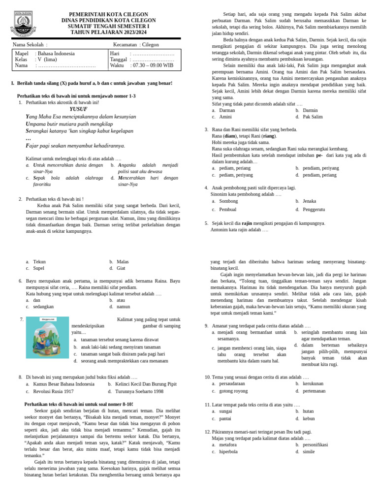 Soal Sts 1 Bahasa Indonesia Kelas 5 | PDF