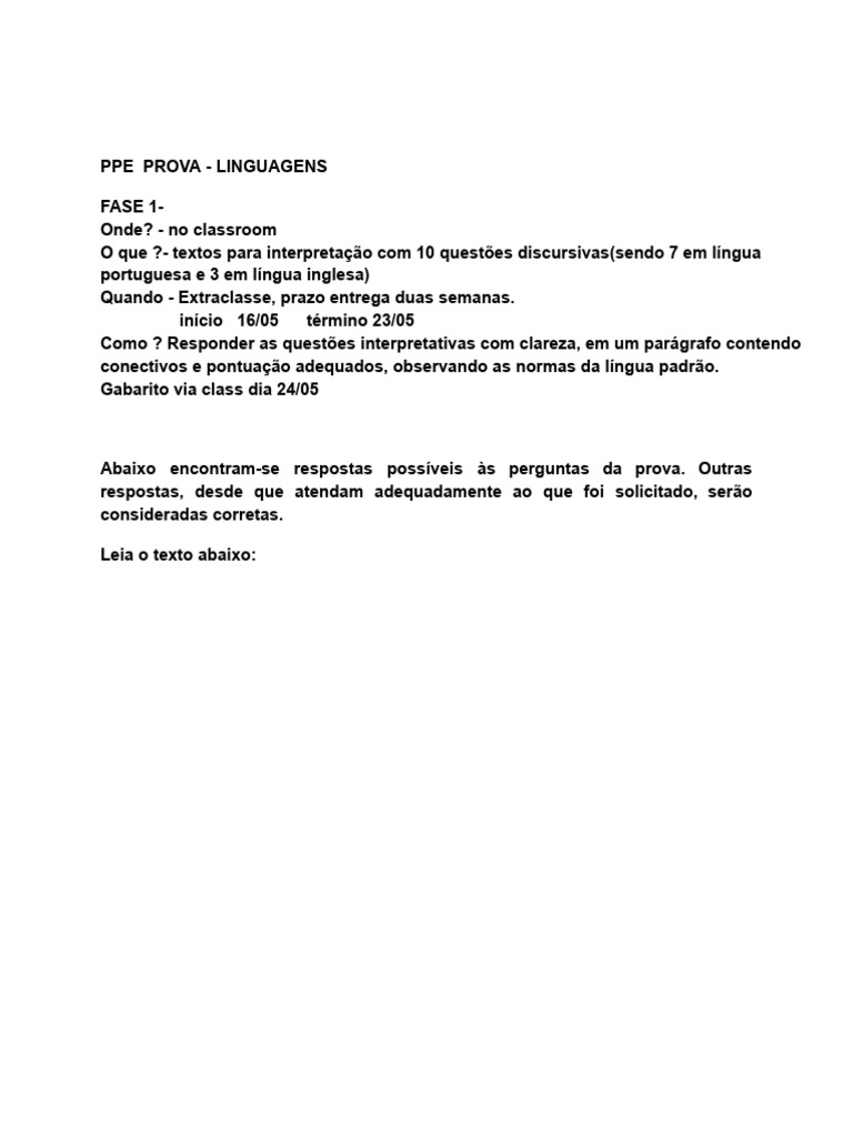 1 Fase - Ppe Prova - Linguagens - Prof Danielle | PDF