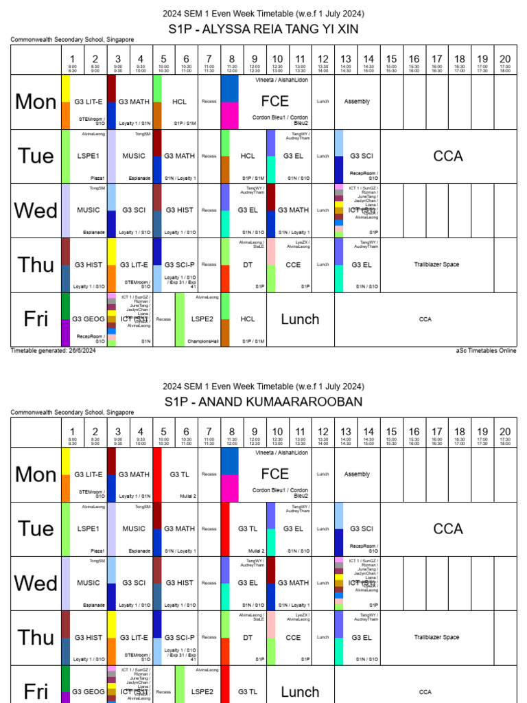 2024 SEM 2 Even Week Student Timetable (Sec 1P) | PDF