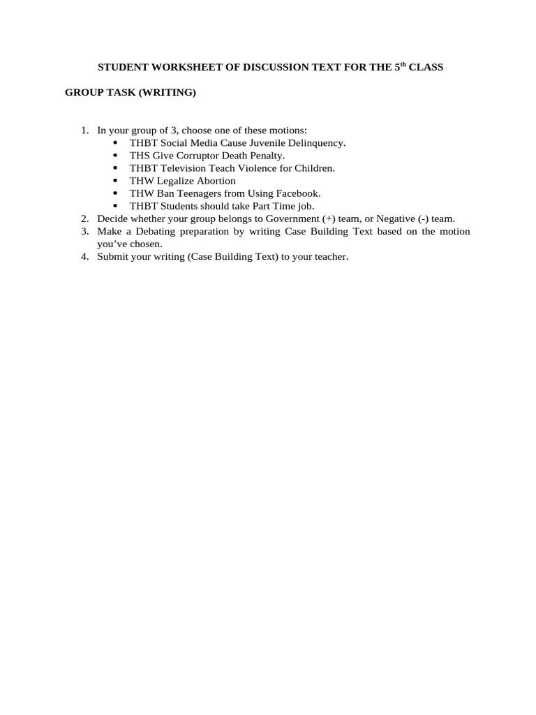 Student Worksheet of Discussion Text for the 5th Class | PDF
