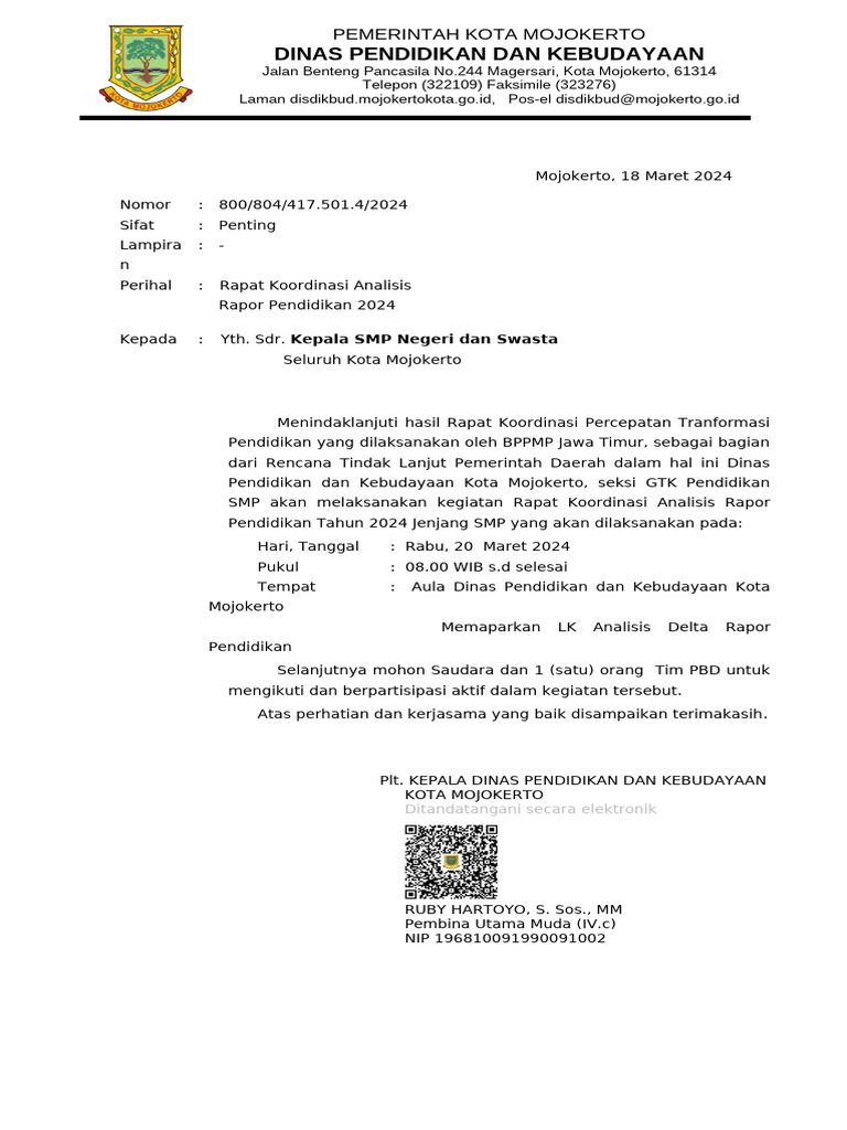 Surat Undangan Rakor Rapor Pendidikan 2024 Manual Srikandi | PDF