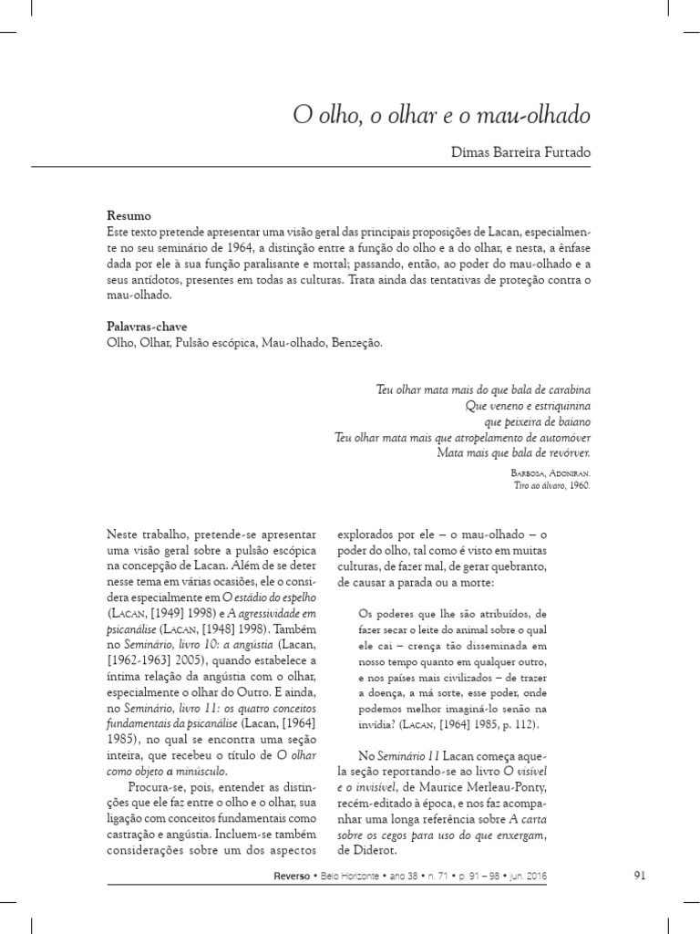 Olho Olhar e Mal-Olhado - Inveja em Psicanálise | PDF