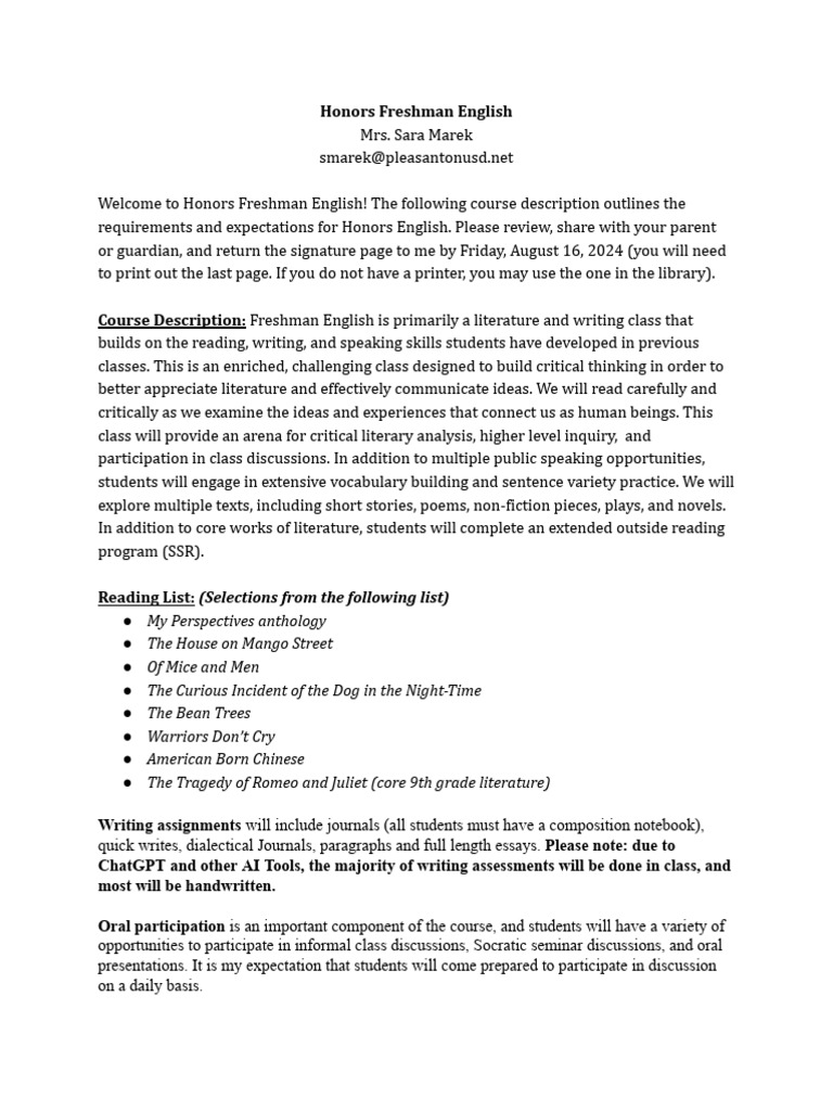 Freshman Honors English Syllabus - 2024 - 25 | PDF | English Language ...