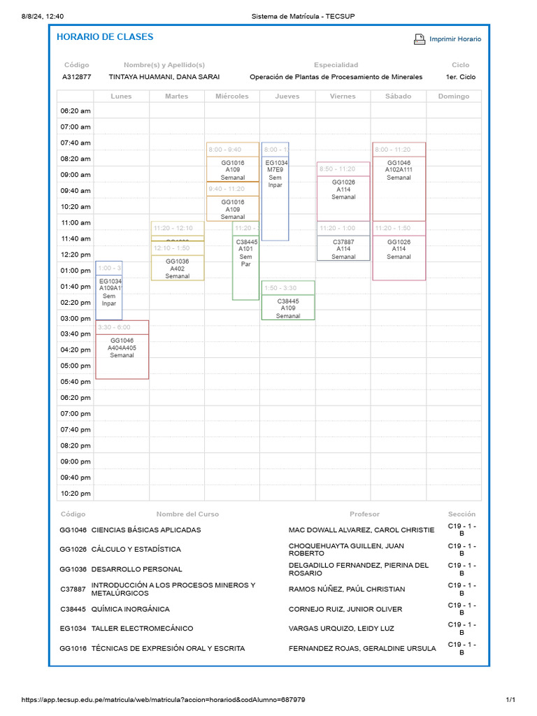 Horario Tecsup c1 | PDF