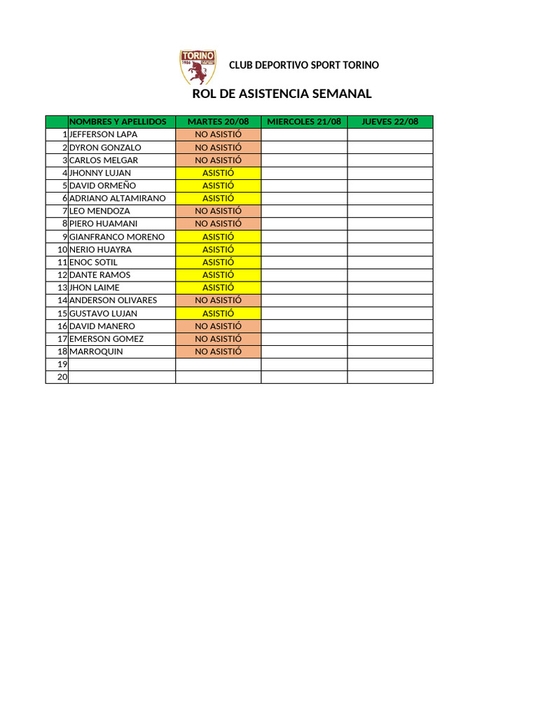 Rol de Asistencia Semanal Sport Torino | PDF