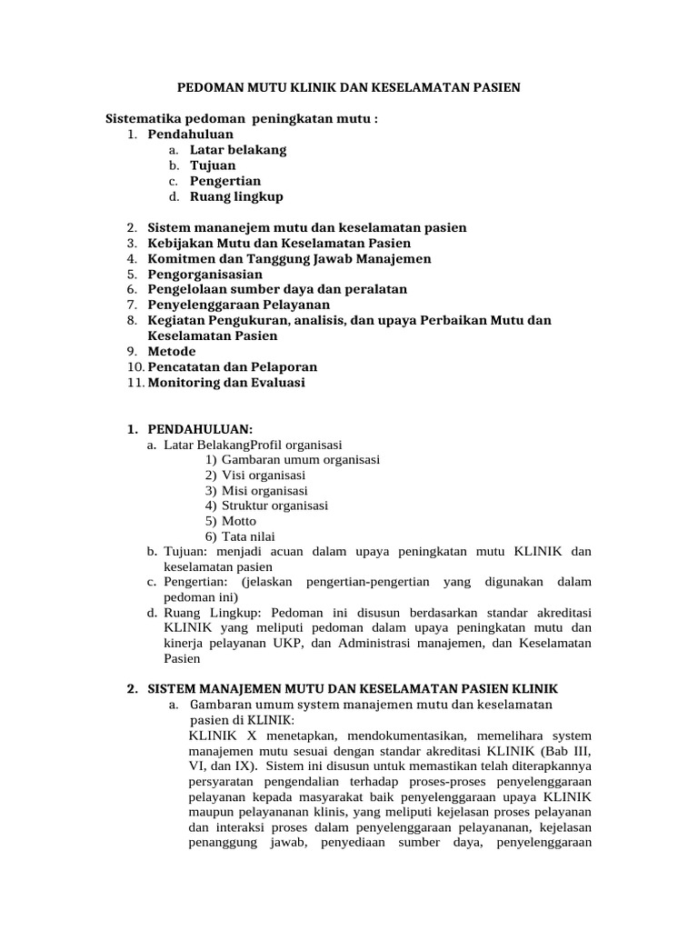Contoh Pedoman Mutu Dan Keselamatan Pasien Di Klinik | PDF