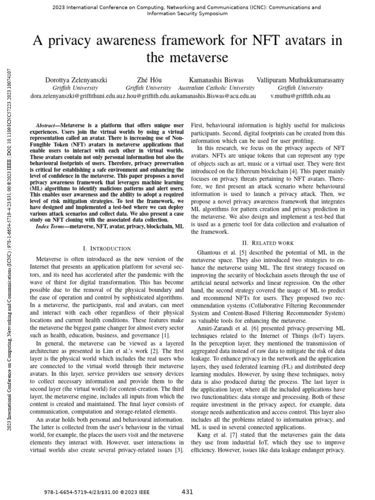 A Privacy Awareness Framework For NFT Avatars in The Metaverse | PDF | Privacy | Machine Learning