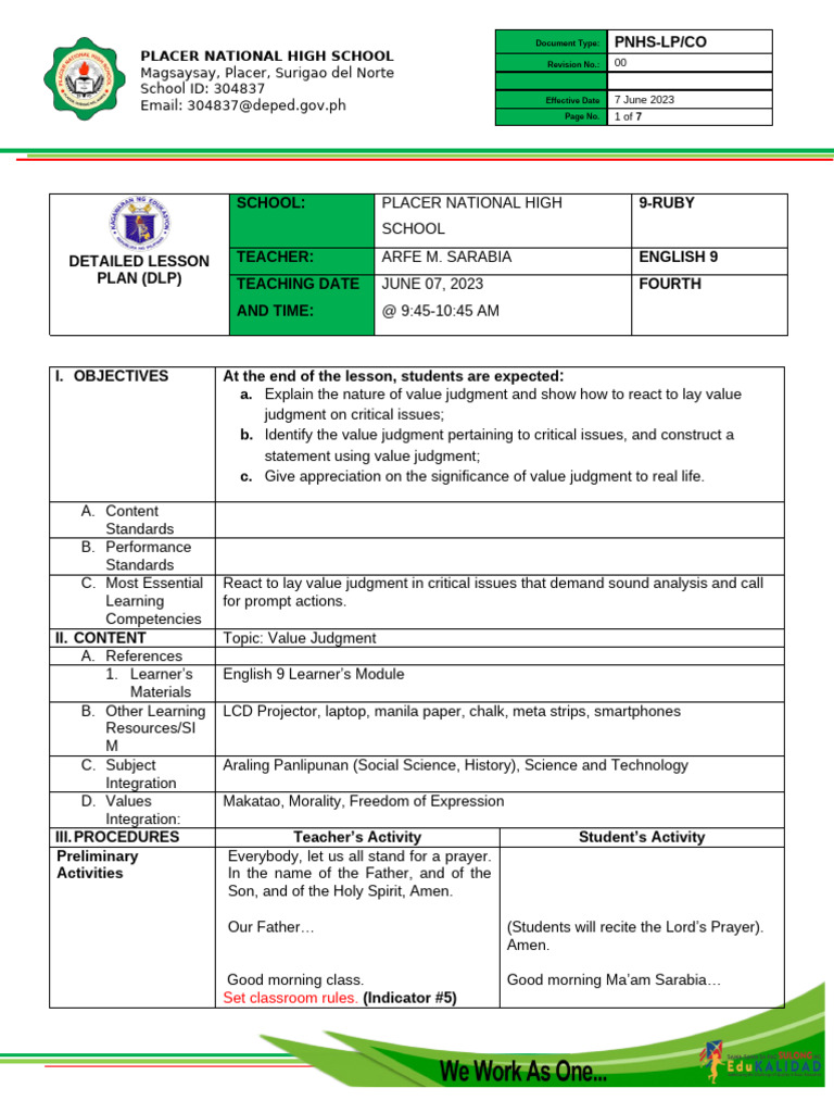 Detailed Lesson Plan English 9-1ST Cot | PDF