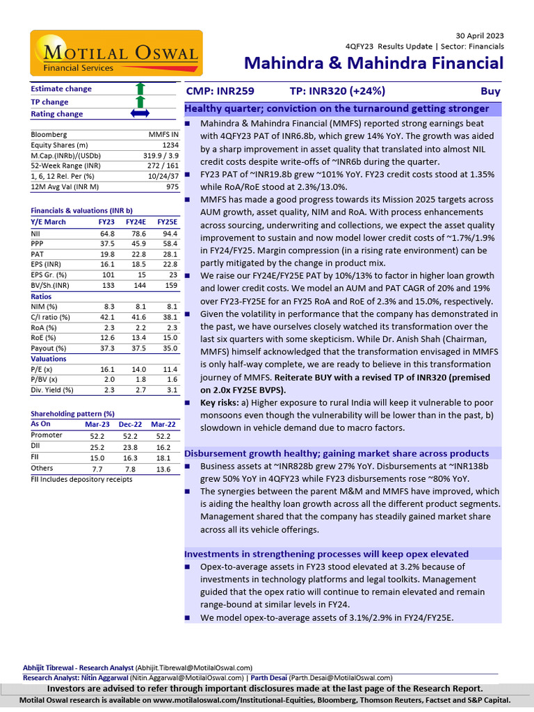 Motilal Oswal Mahindra Finance Q4FY23 Results Review | PDF