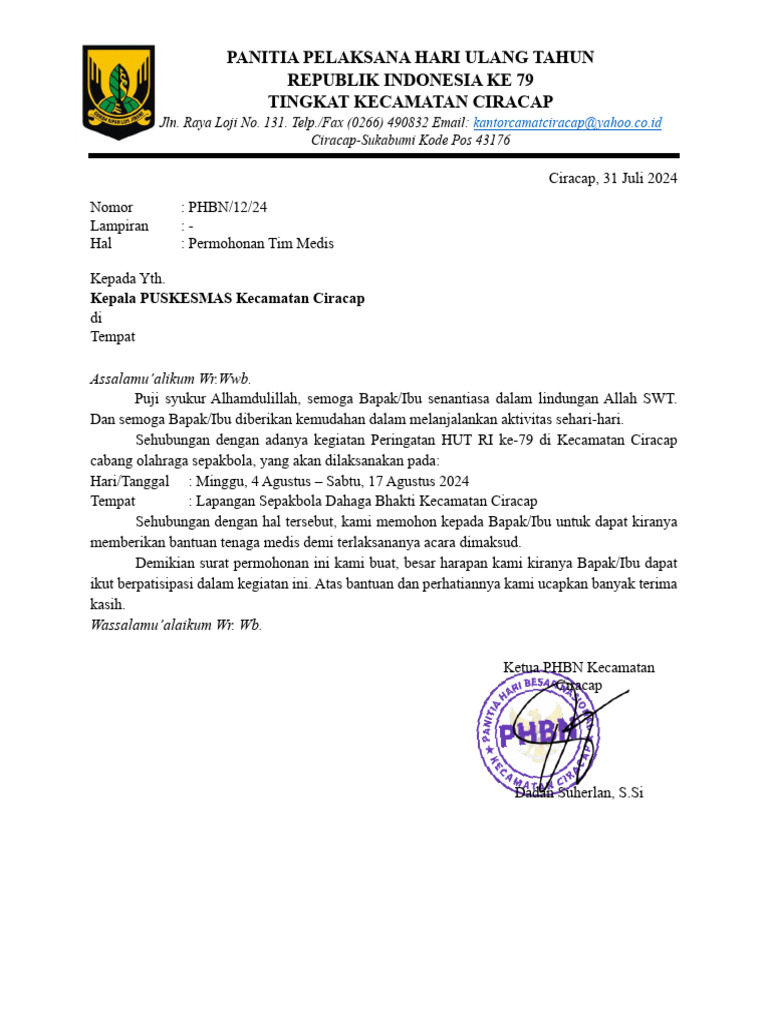 Surat Permohonan Tim Medis PHBN Kec. Ciracap (Puskesmas) | PDF Surat Permohonan Tim Medis PHBN Kec. Ciracap (Puskesmas) | PDF