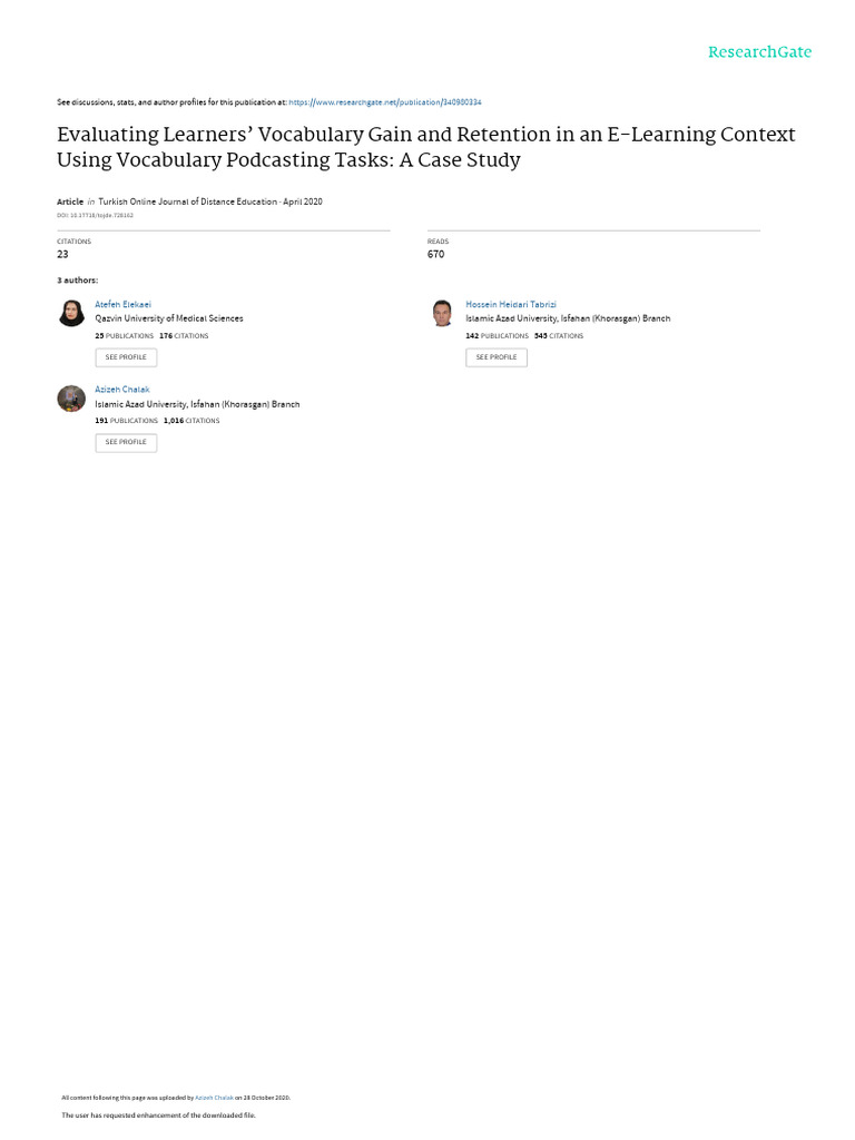 Evaluating Learners' Vocabulary Gain and Retention in An E-Learning Context Using Vocabulary ...