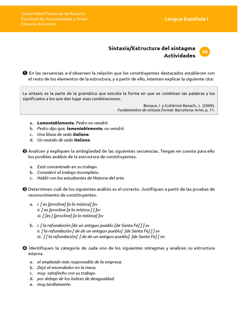 Sintaxis Estructura Del Sintagma - Actividades | PDF