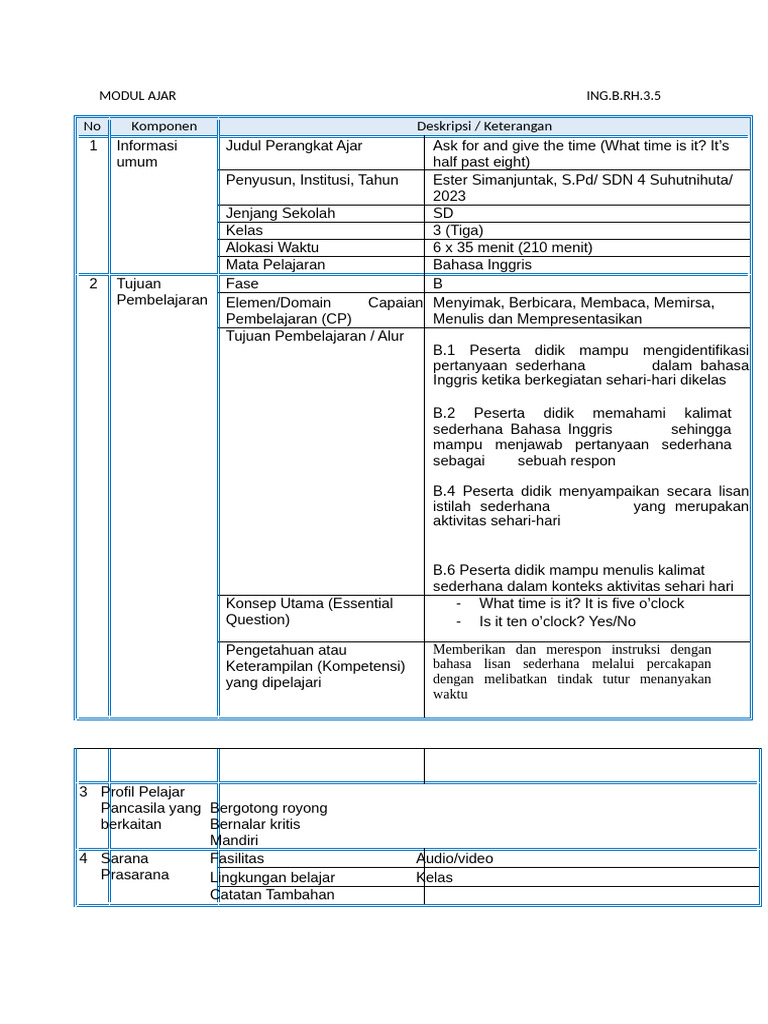 Kelas 3 - 5 - Modul Ajar - Ask and Give Time Information | PDF