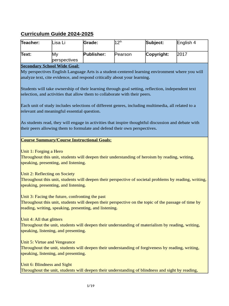 Curriculum Guide English4 2024-2025 | PDF