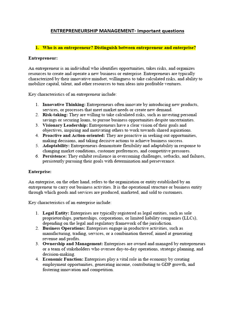 ENTREPRENEURSHIP MANAGEMENT- Important questions | PDF