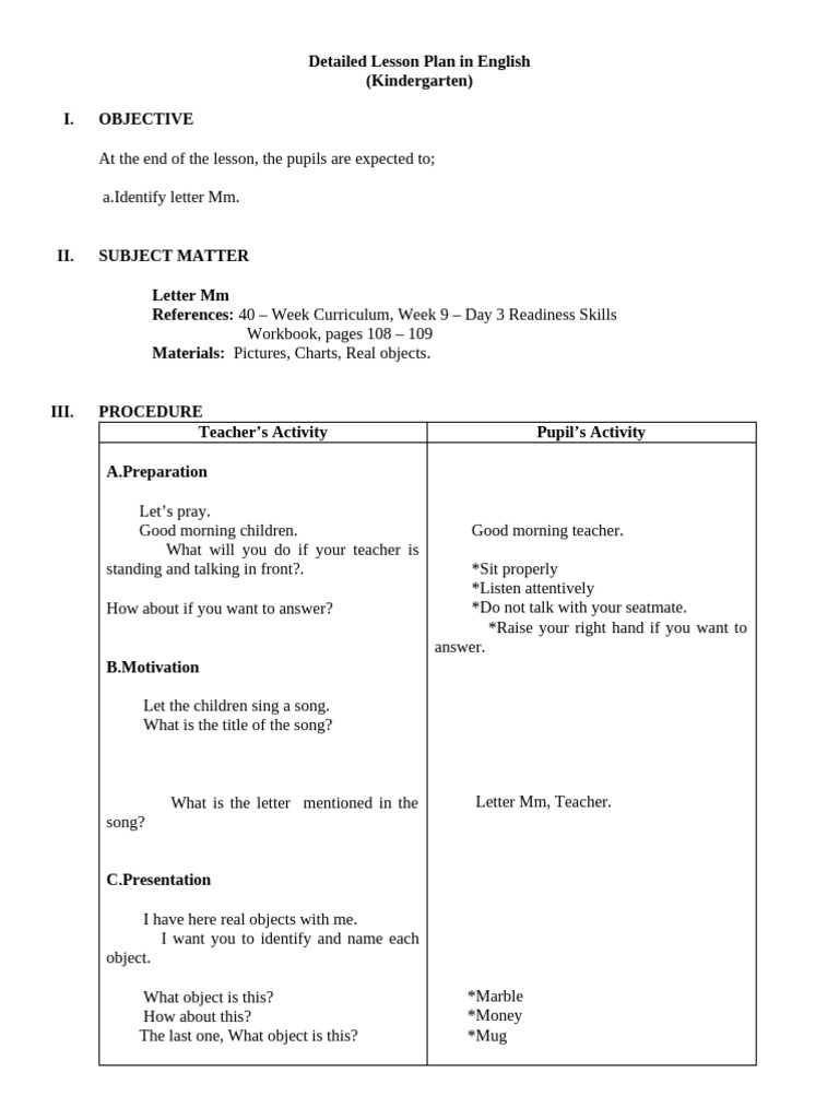 Detailed Lesson Plan in English Letter MM | PDF