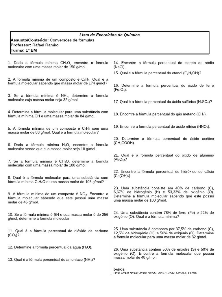 Lista Química 1EM Conversões | PDF