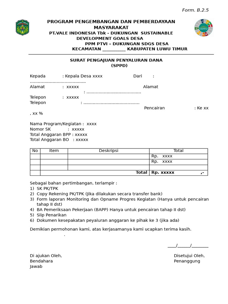Form B.2.5 Surat Pengajuan Penyaluran Dana (SPPD) PK | PDF