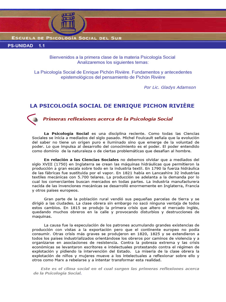 LA PSICOLOGÍA SOCIAL DE ENRIQUE PICHON RIVIÈRE | PDF