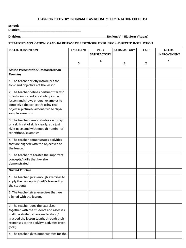 GRR RUBRIC Strategies Application LRP Classroom Implementation (1 ...
