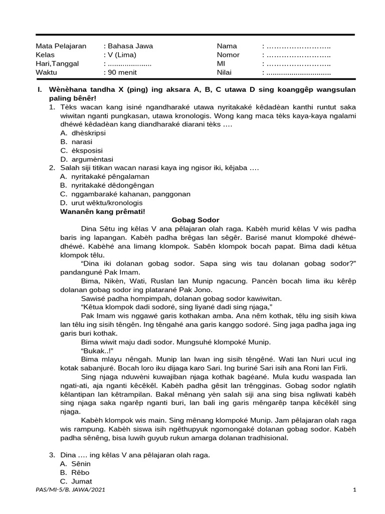 SOAL PAS B. JAWA KLS 5 2021-Edit | PDF