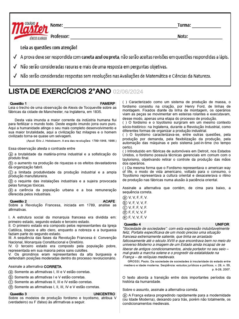 Lista de Exercicios 2 Ano | PDF