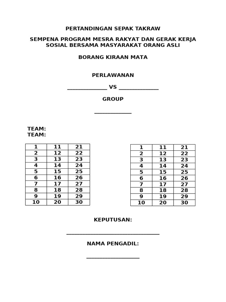 Borang Kiraan Mata Sepak Takraw Pdf