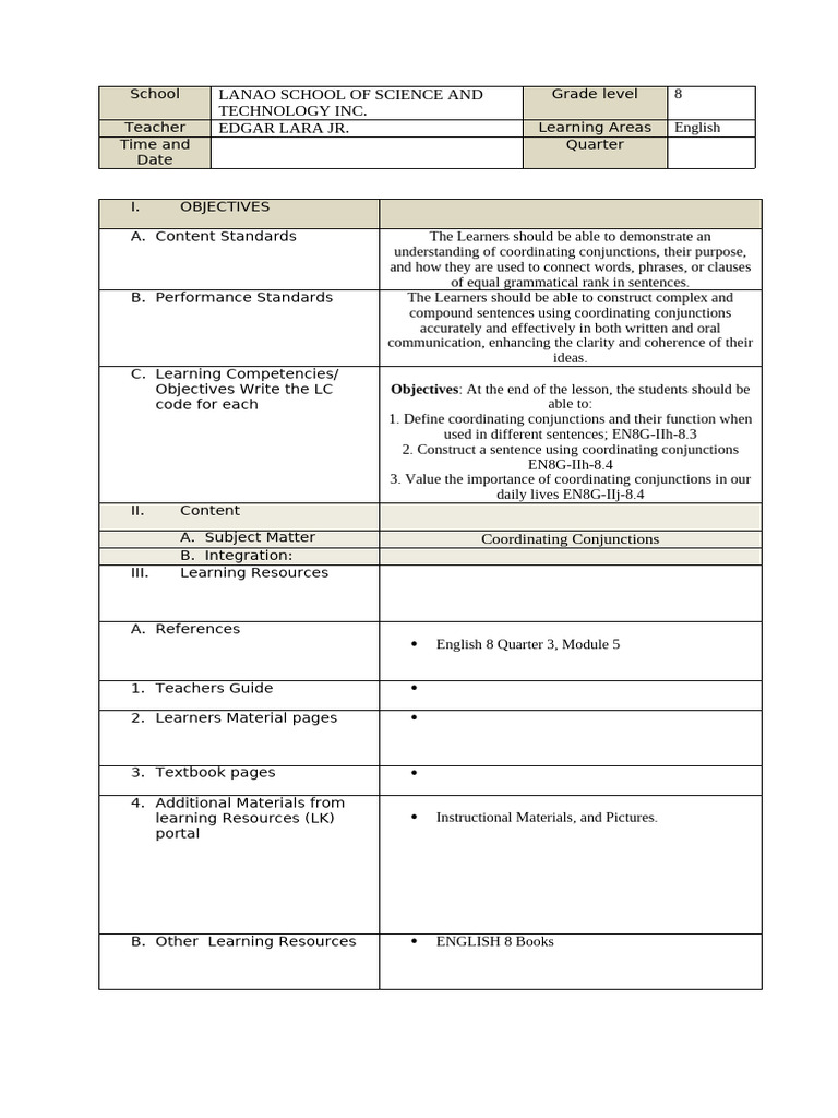 lesson plan for Conjunction | PDF