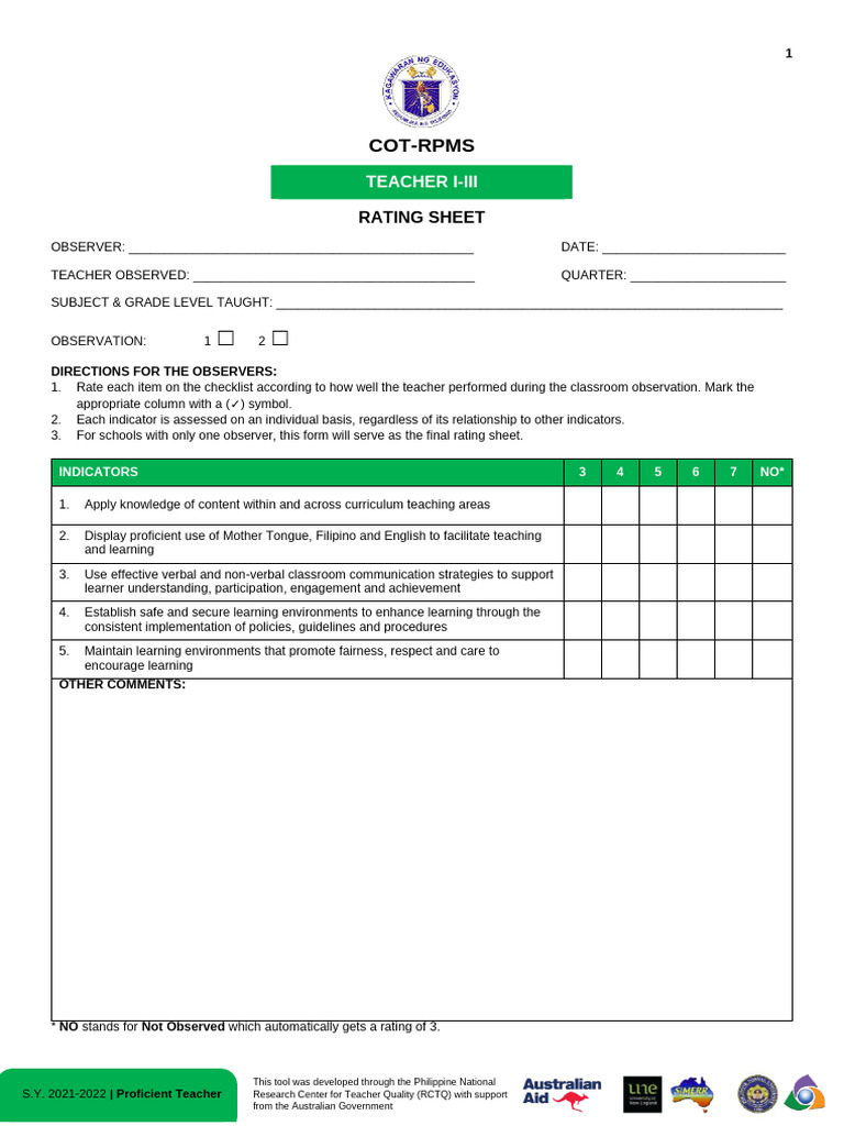 (Appendix 3C) COT-RPMS Rating Sheet For T I-III For SY 2021-2022 in The ...
