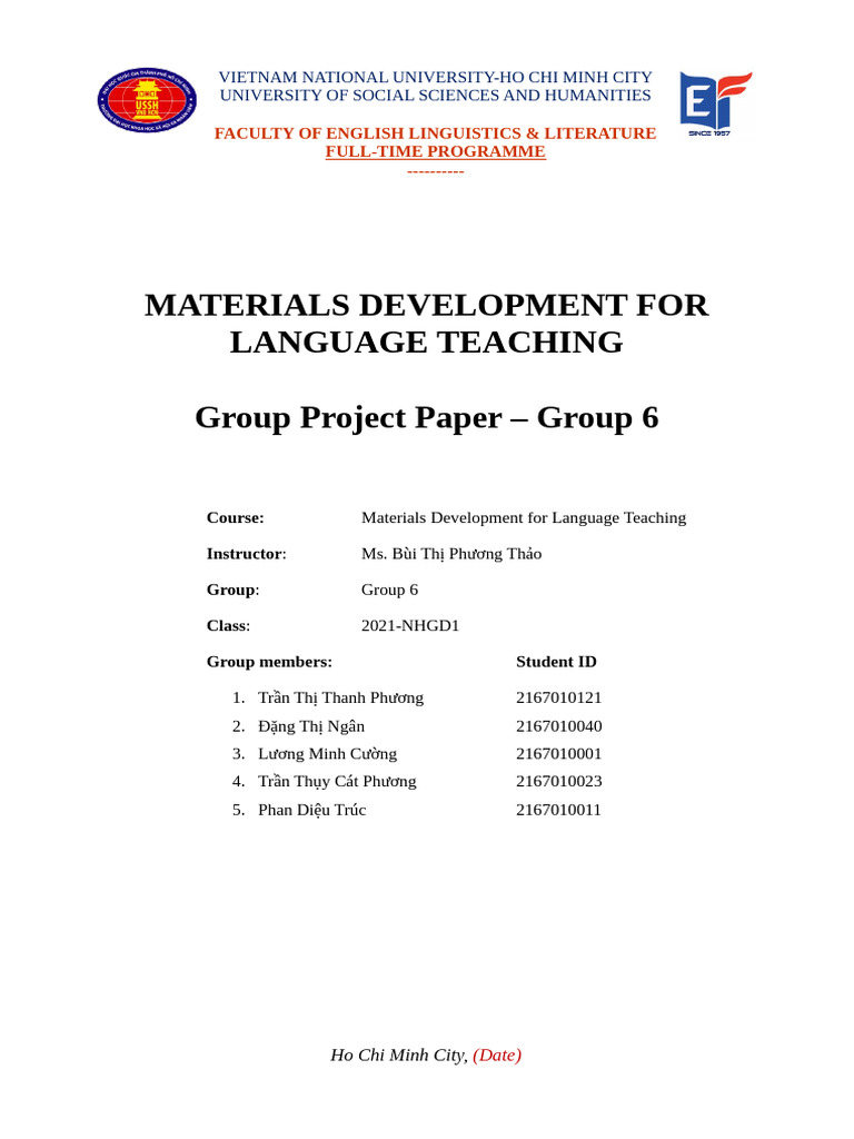 Materials Development For Language Teaching Group Project Paper - Group ...