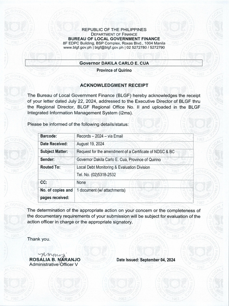 Acknowledgment Receipt - Request For Amendment of Certification of NDSC and BC - Province of ...