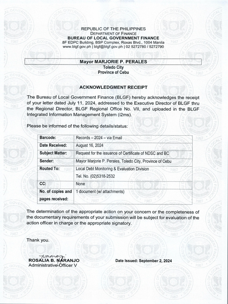 Acknowledgment Receipt - Request For Issuance of Certification of NDSC and BC - Toledo City - 02 ...