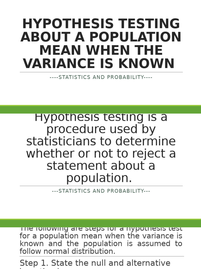 Hypothesis Testing About A Population Mean When The Variance Is Known | PDF