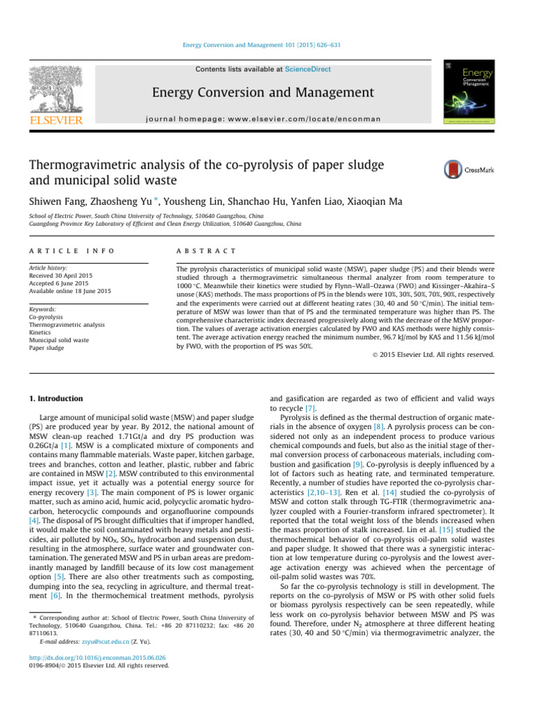 Thermogravimetric Analysis of The Co-Pyrolysis of Paper Sludge | PDF