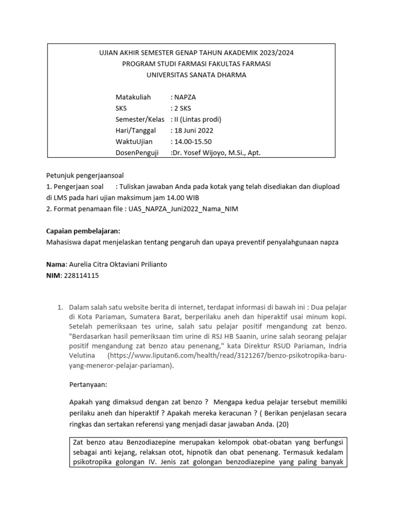 Aurelia Citra - 228114115 - UAS - Napza - Juni 2024 | PDF