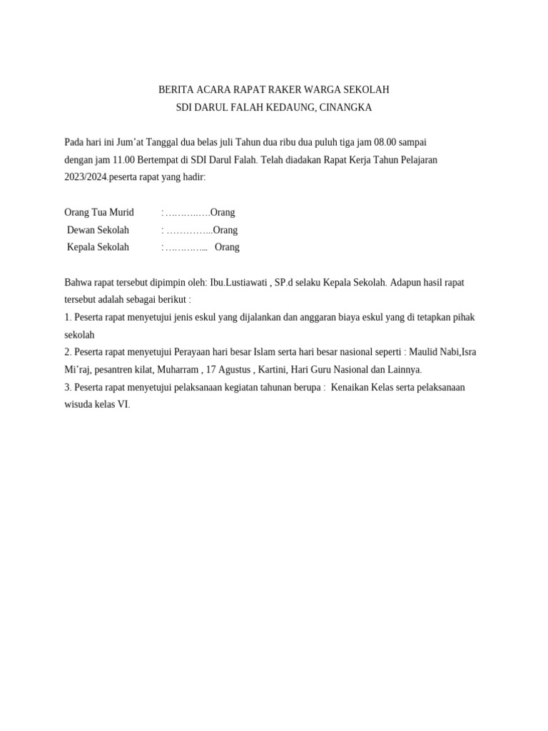Berita Acara Rapat Raker Warga Sekolah | PDF