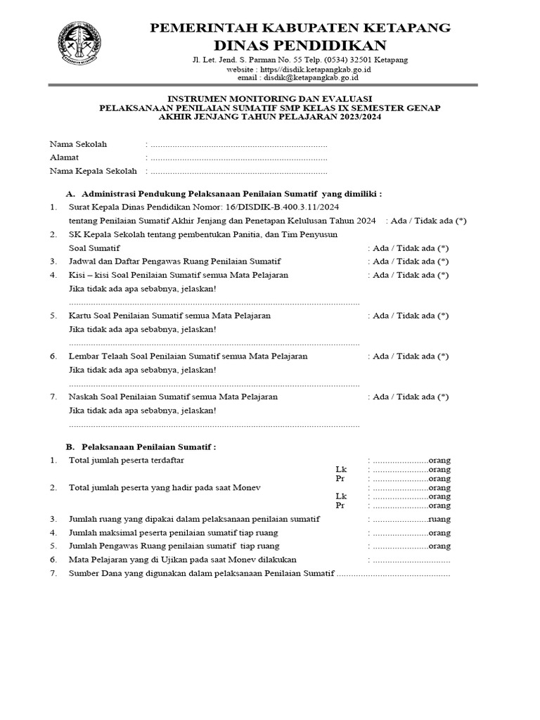 Instrumen Monev Penilaian Sumatif SMP Kls 9 Th. 2024 | PDF