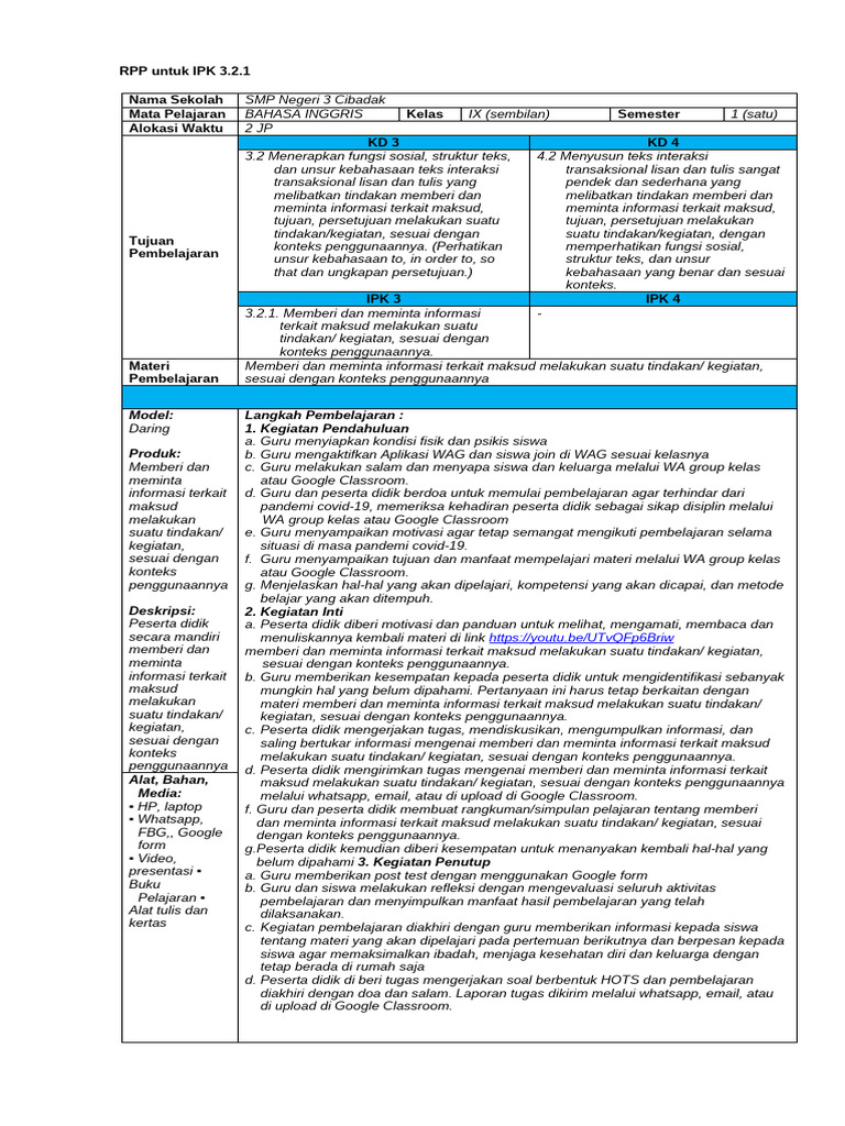 RPP Bab 2 Kls 9 | PDF