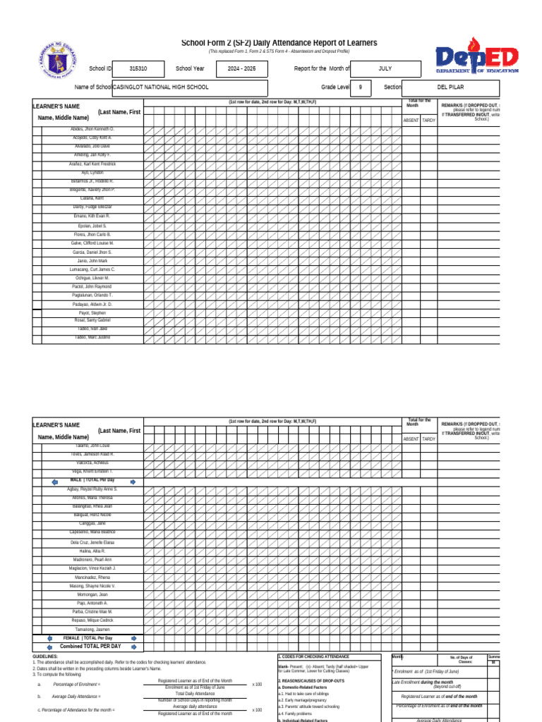 School Form 2 (Sf2) Del Pilar | PDF