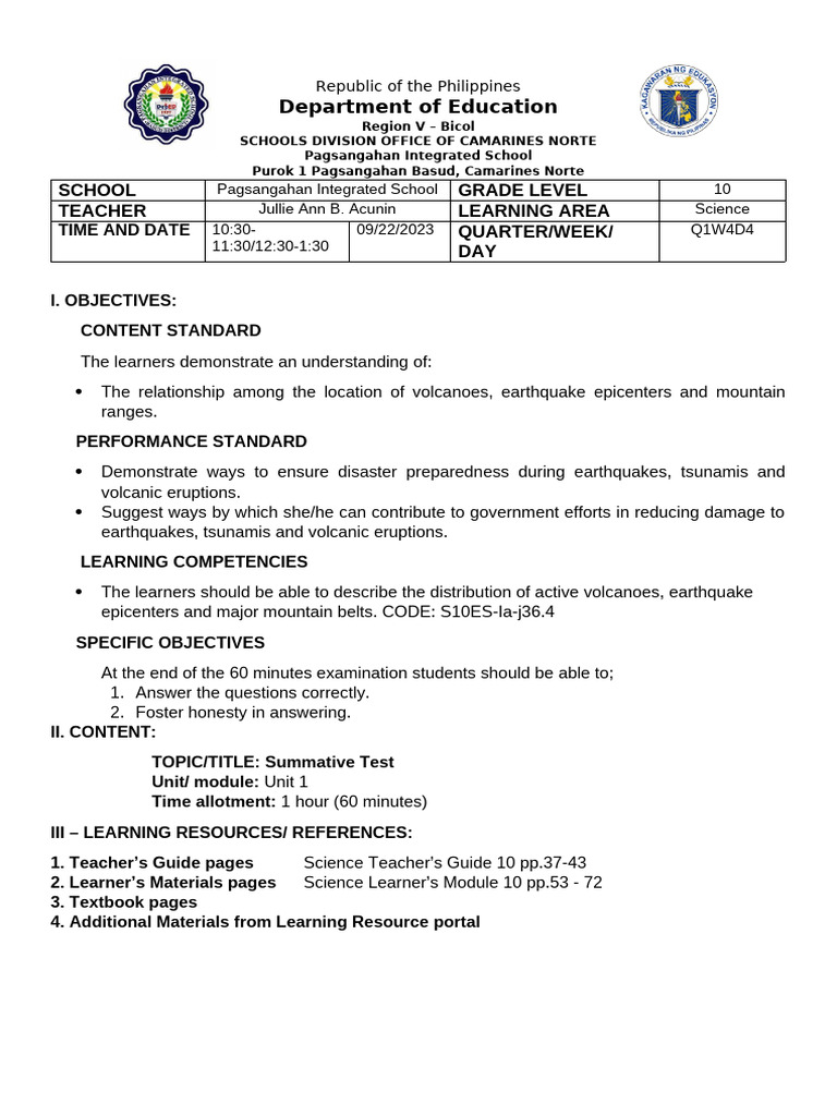 Summative Test LP Q1 G10 | PDF