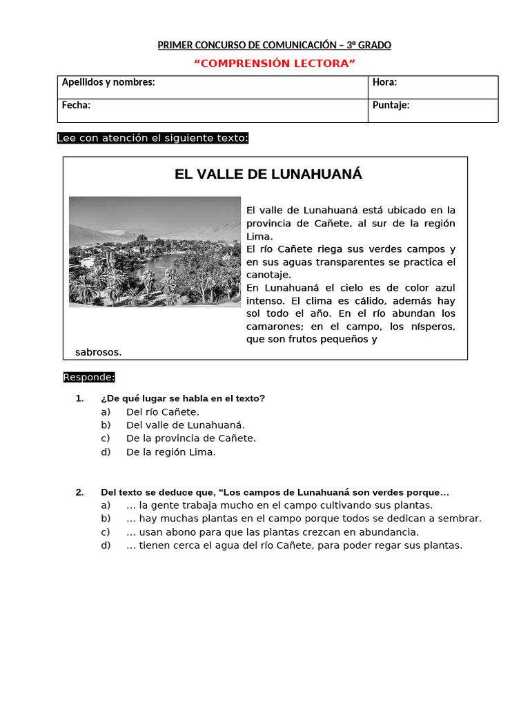 I Concurso de Comprensión Lectora Tercer Grado 2024 | PDF