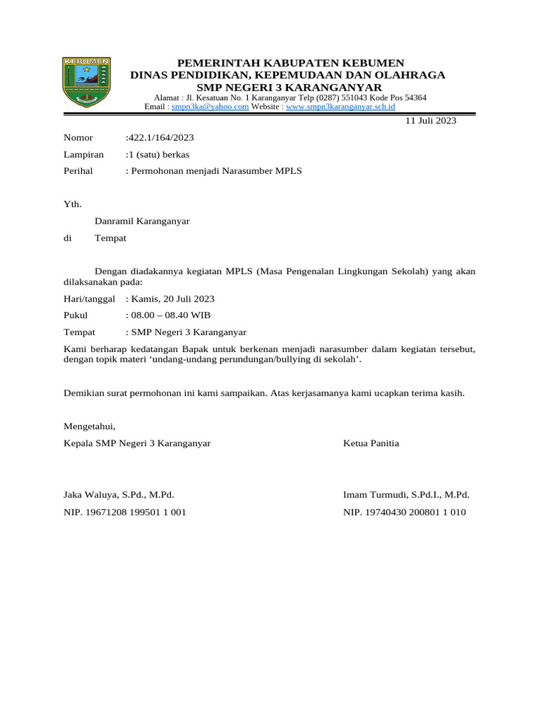 Permohonan Narasumber MPLS SMP Karanganyar | PDF
