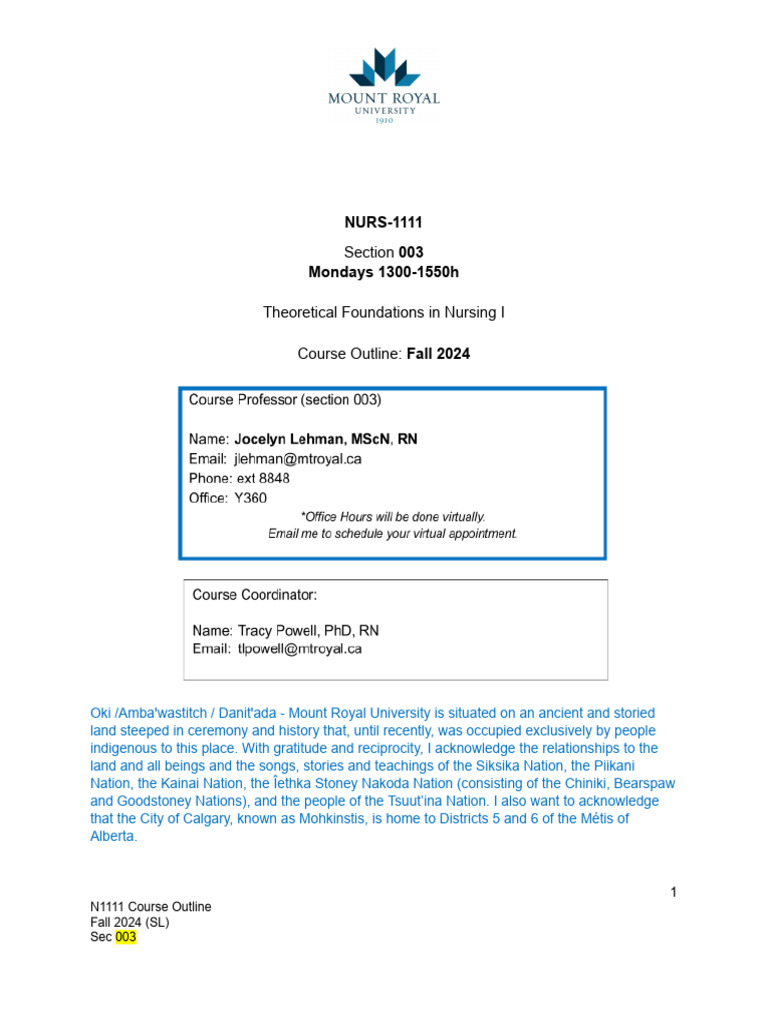 N1111 - 003 - Course Outline - F2024 Lehman | PDF