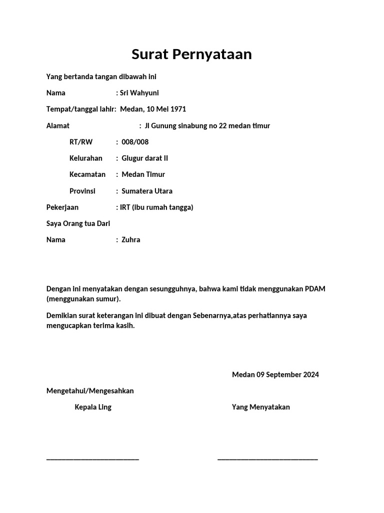 Surat Pernyataan PDAM | PDF