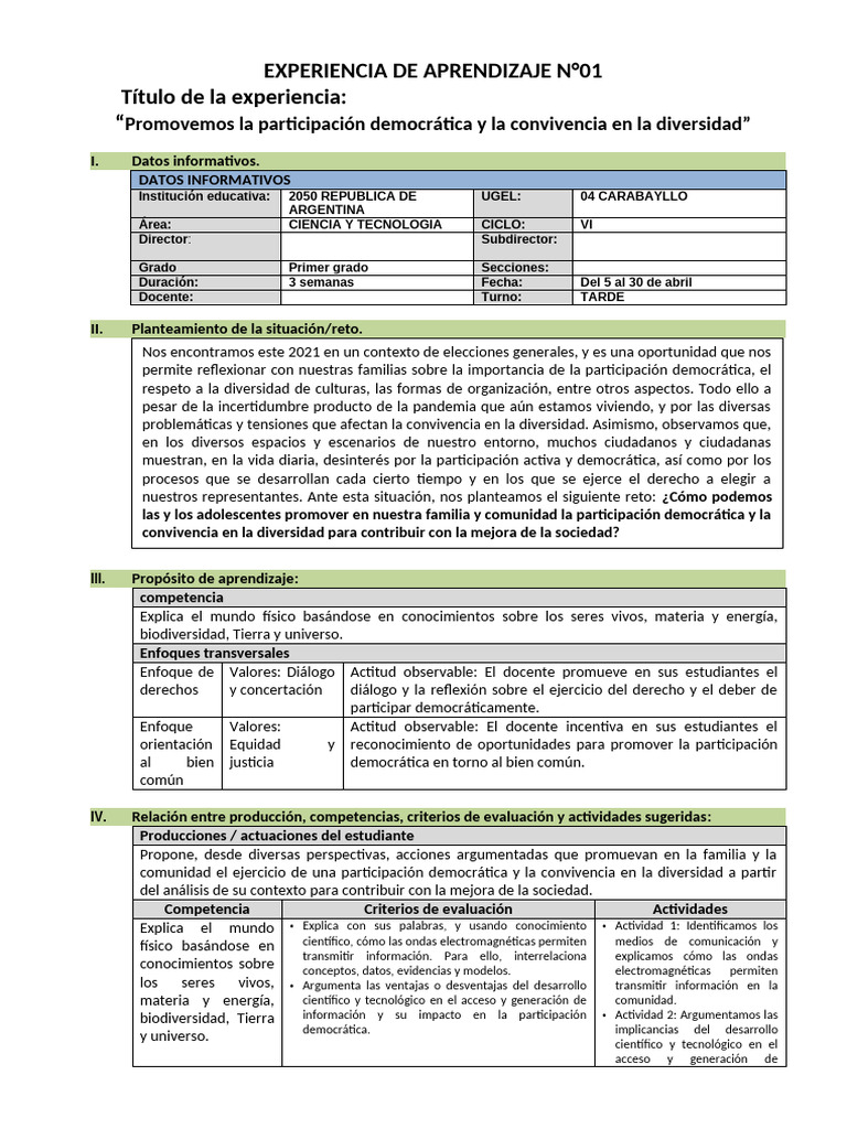 Modelo de EXPERIENCIA DE APRENDIZAJE Nro 01 | PDF | Evaluación | Aprendizaje