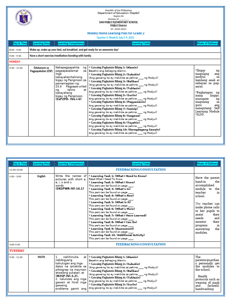 Grade 2 - All Subjects - WHLP - Q4 - W8 | PDF