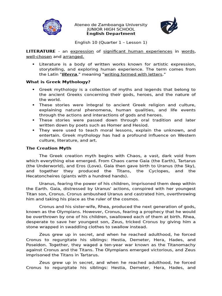 English 10 Quarter 1 Lesson 1 Handout | PDF