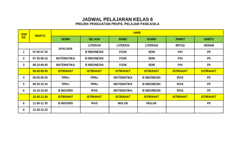 Jadwal Pelajaran Kelas 6 Kumer 2024 | PDF